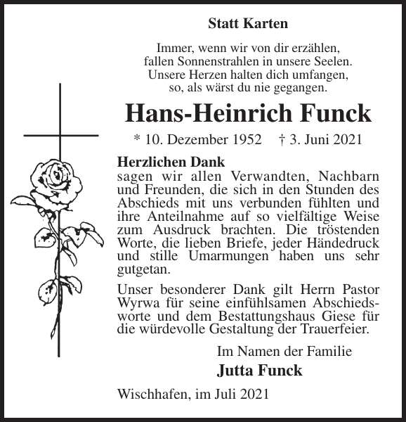Hans-Heinrich Funck : Danksagung : Stader Tageblatt