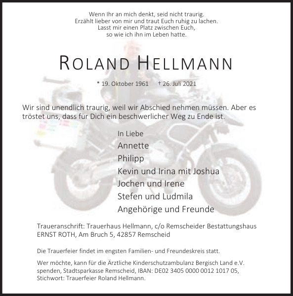 Roland Hellmann: Traueranzeige : Remscheider General-Anzeiger
