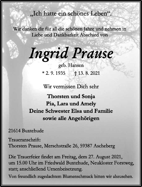 Ingrid Prause: Traueranzeige : Stader Tageblatt