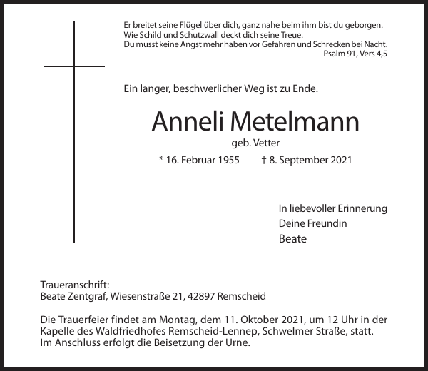 Anneli Metelmann: Traueranzeige : Remscheider General-Anzeiger