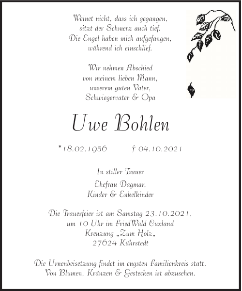 Uwe Bohlen 18.02.1956 04.10.2021: Gedenken : Nordsee-Zeitung