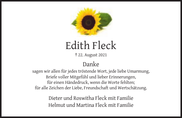 Edith Fleck: Traueranzeige : Remscheider General-Anzeiger