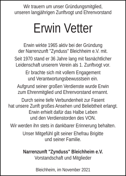 Erwin Vetter: Traueranzeige : Badische Zeitung Erwin Vetter: Traueranzeige : Badische Zeitung
