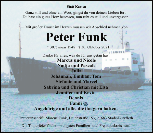 Peter Funk: Traueranzeige : Stader Tageblatt