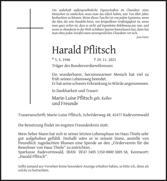 Harald Pflitsch: Traueranzeige : Remscheider General-Anzeiger