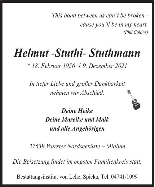 Helmut -Stuthi- Stuthmann: Gedenken : Nordsee-Zeitung