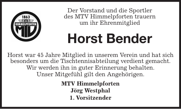 Horst Bender: Nachruf : Stader Tageblatt