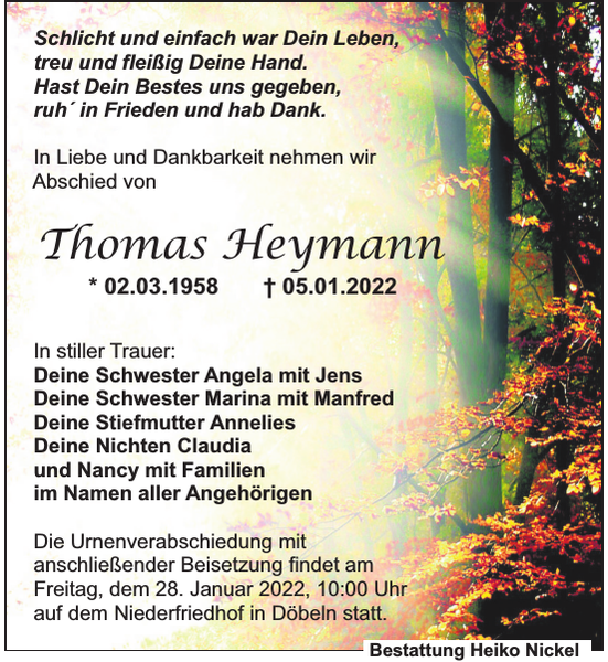 Thomas Heymann : Traueranzeige : Sächsische Zeitung