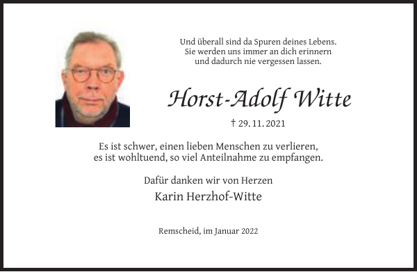 Horst-Adolf Witte: Traueranzeige : Remscheider General-Anzeiger