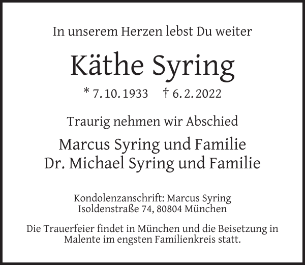 Käthe Syring: Traueranzeige : Remscheider General-Anzeiger