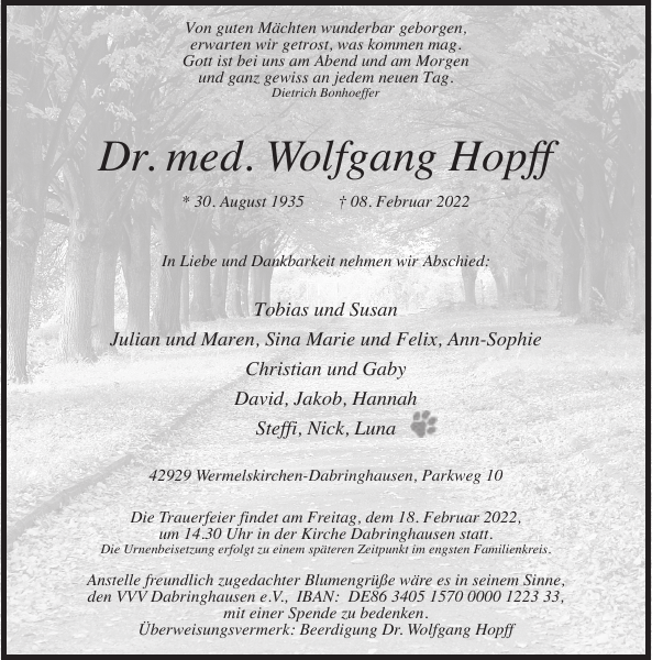Wolfgang Hopff: Traueranzeige : Remscheider General-Anzeiger