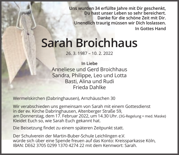 Sarah Broichhaus: Traueranzeige : Remscheider General-Anzeiger