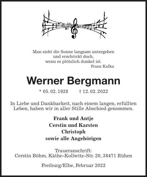 Werner Bergmann: Traueranzeige : Stader Tageblatt