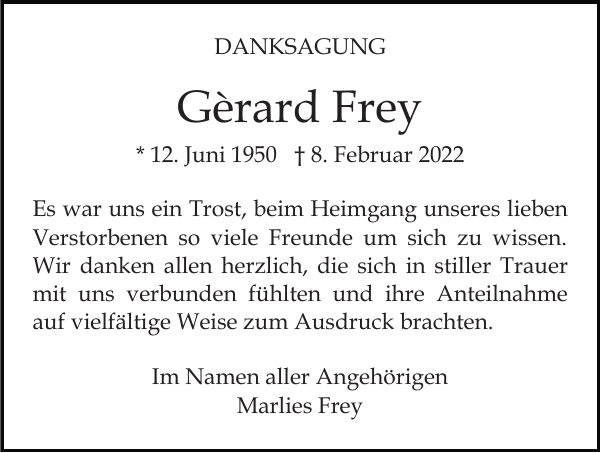 Gèrard Frey: Traueranzeige : Badische Zeitung