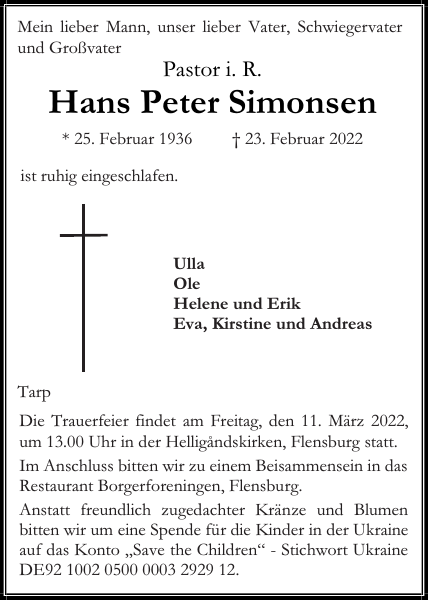 Hans Peter Simonsen: Traueranzeige : Flensburger Tageblatt