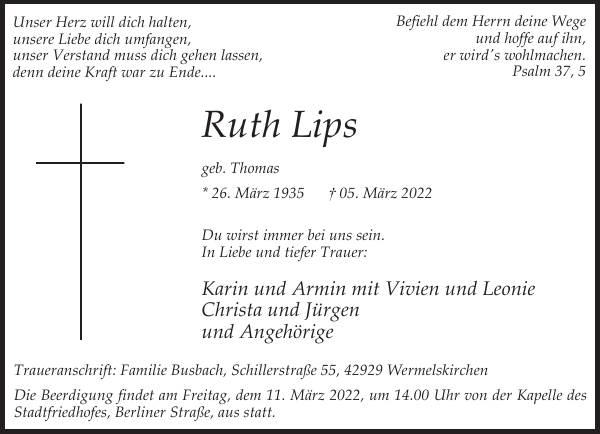 Ruth Lips: Traueranzeige : Remscheider General-Anzeiger