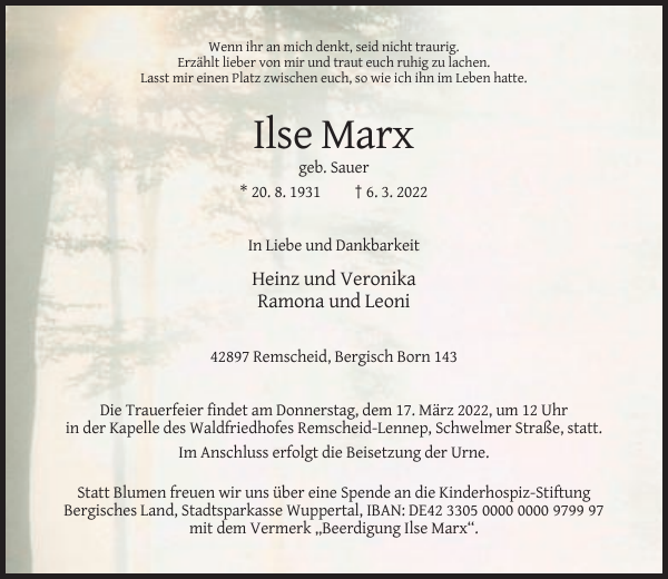 Ilse Marx: Traueranzeige : Remscheider General-Anzeiger