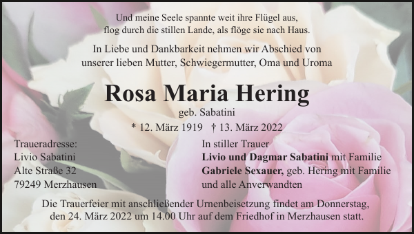 Maria Hering: Traueranzeige : Badische Zeitung