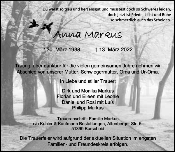 Anna Markus: Traueranzeige : Remscheider General-Anzeiger