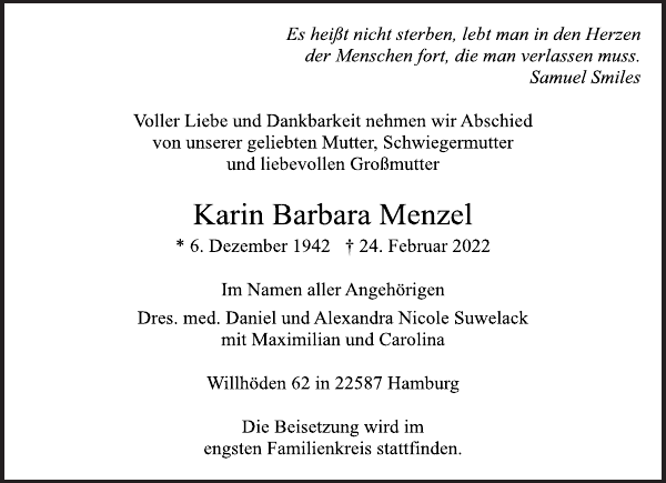 Karin Barbara Menzel: Traueranzeige : Stader Tageblatt