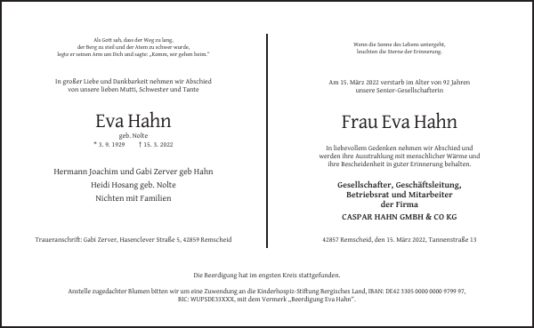Eva Hahn: Traueranzeige : Remscheider General-Anzeiger
