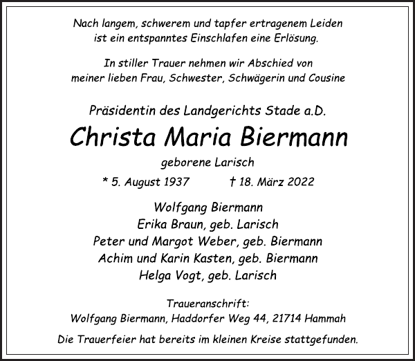 Christa Maria Biermann: Traueranzeige : Stader Tageblatt
