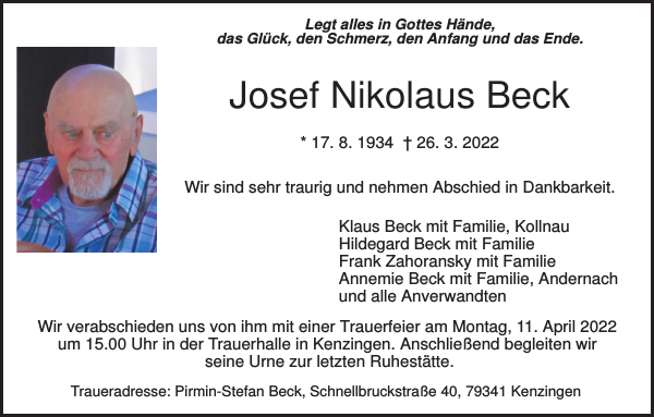 Josef Nikolaus Beck: Traueranzeige : Badische Zeitung