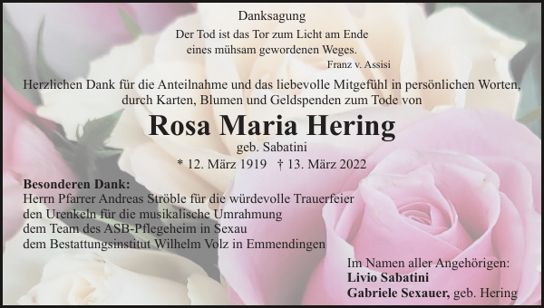 Maria Hering: Traueranzeige : Badische Zeitung