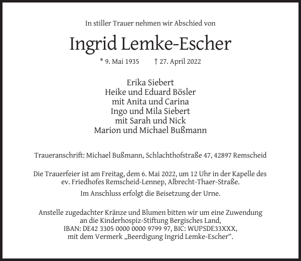 Ingrid Lemke-Escher: Traueranzeige : Remscheider General-Anzeiger