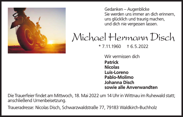 Michael Disch: Traueranzeige : Badische Zeitung