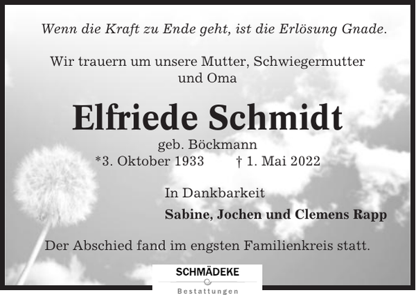 Elfriede Schmidt: Traueranzeige : Cuxhavener Nachrichten