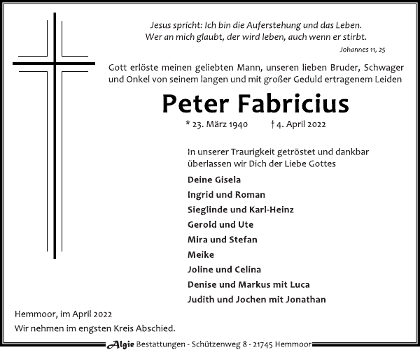 Peter Fabricius: Traueranzeige : Cuxhavener Nachrichten