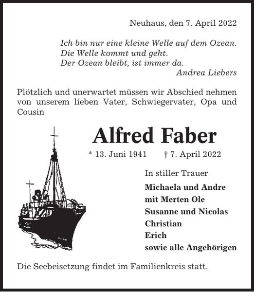 Alfred Faber: Traueranzeige : Cuxhavener Nachrichten