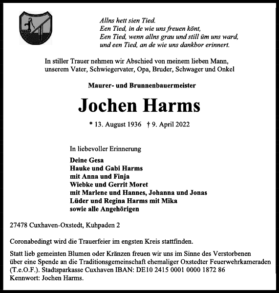 Jochen Harms: Traueranzeige : Cuxhavener Nachrichten