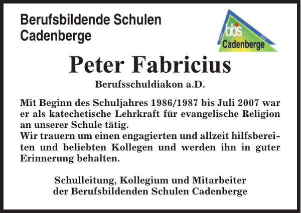 Peter Fabricius : Gedenken : Cuxhavener Nachrichten