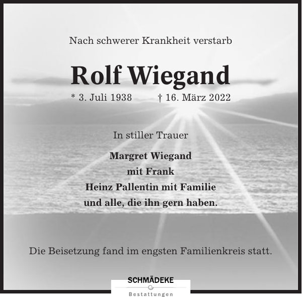Rolf Wiegand: Traueranzeige : Cuxhavener Nachrichten