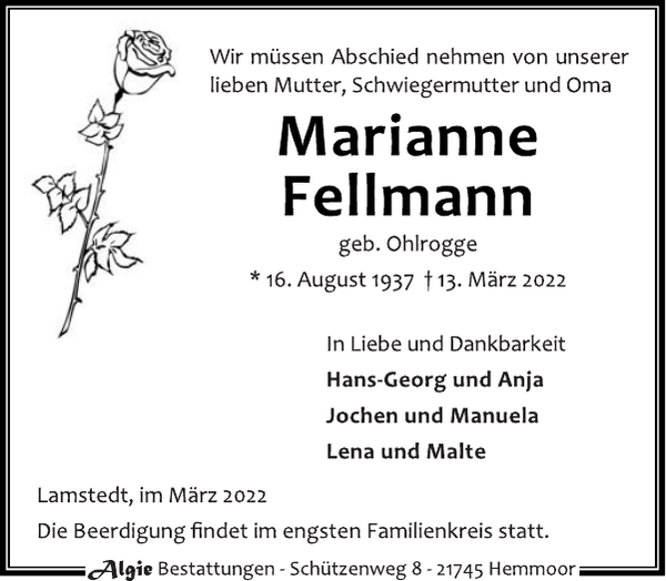 Marianne Fellmann : Traueranzeige : Cuxhavener Nachrichten