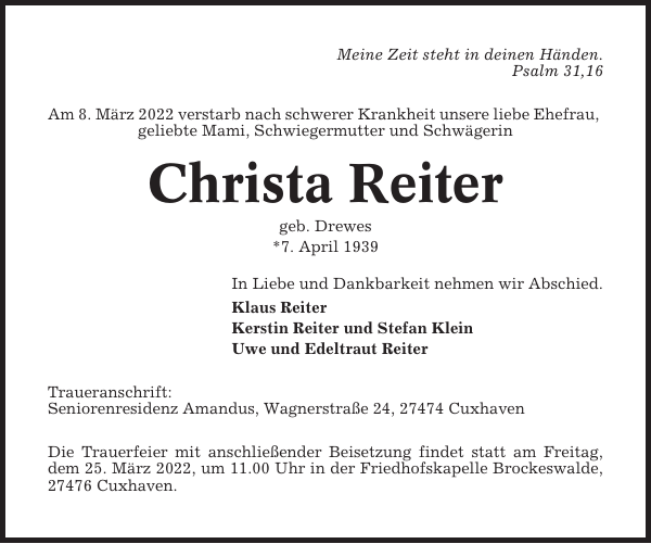 Christa Reiter : Fallecimiento : Cuxhavener Nachrichten