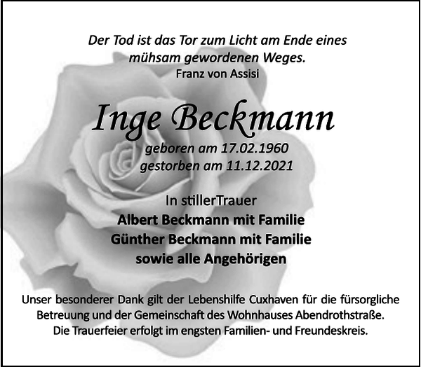 Inge Beckmann: Traueranzeige : Cuxhavener Nachrichten