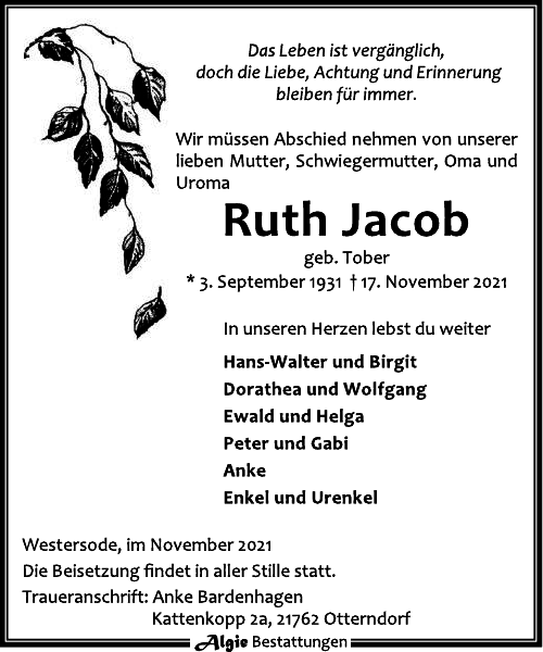 Ruth Jacob: Traueranzeige : Cuxhavener Nachrichten