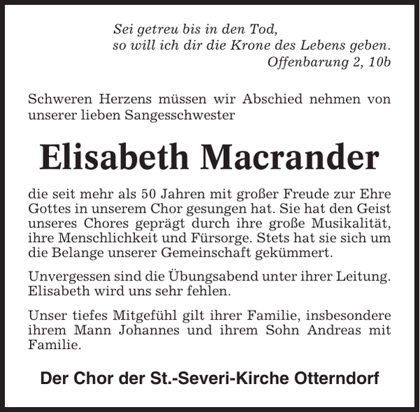 Elisabeth Macrander: Gedenken : Cuxhavener Nachrichten
