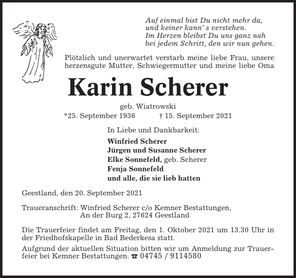 Karin Scherer : Traueranzeige : Cuxhavener Nachrichten