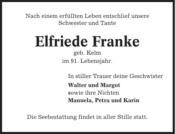 Elfriede Franke: Traueranzeige : Cuxhavener Nachrichten
