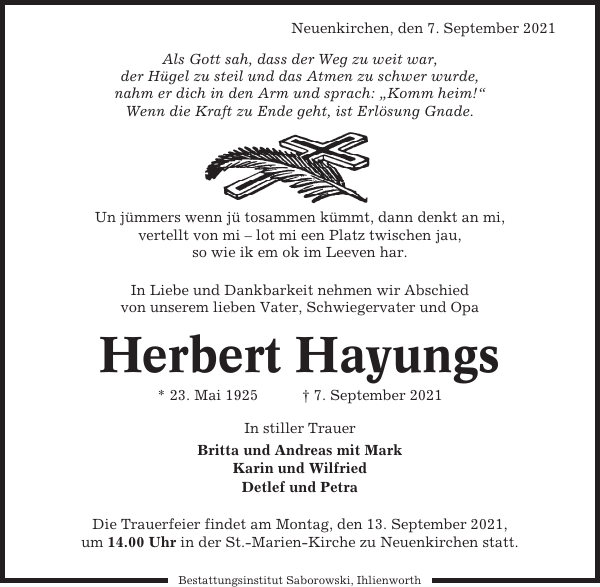 Herbert Hayungs: Traueranzeige : Cuxhavener Nachrichten