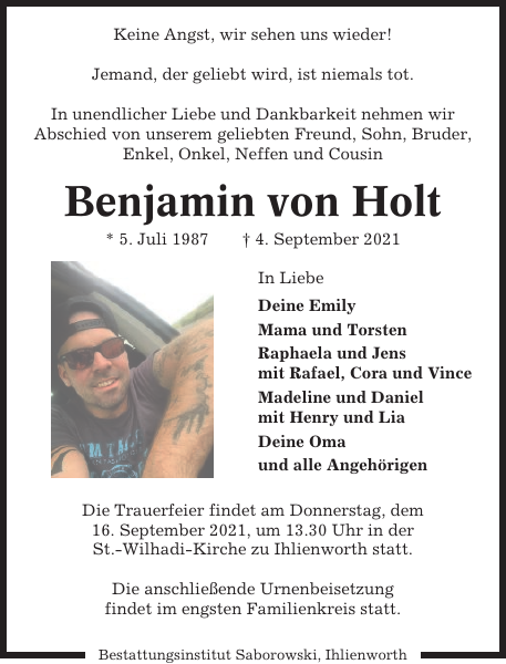 Benjamin von Holt: Traueranzeige : Cuxhavener Nachrichten