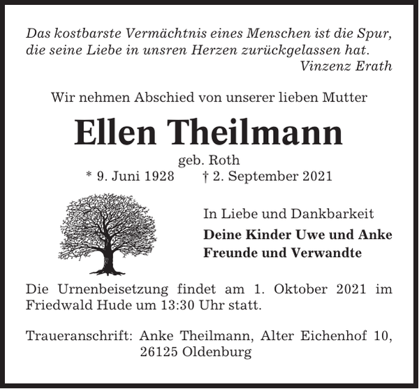 Ellen Theilmann: Traueranzeige : Cuxhavener Nachrichten