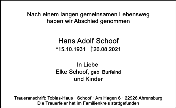 Hans Adolf Schoof: Traueranzeige : Cuxhavener Nachrichten