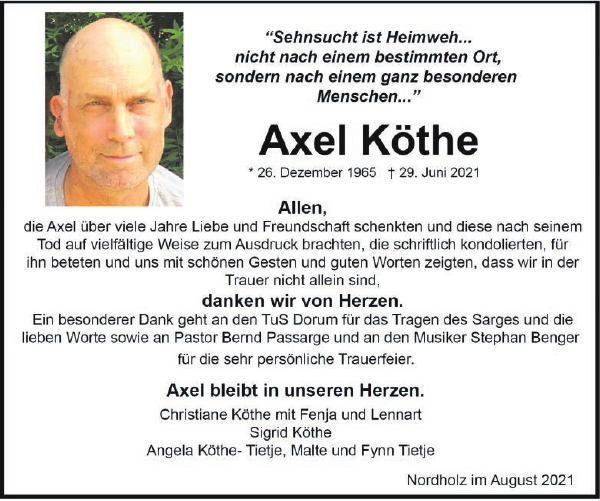 Axel Köthe: Danksagung : Cuxhavener Nachrichten