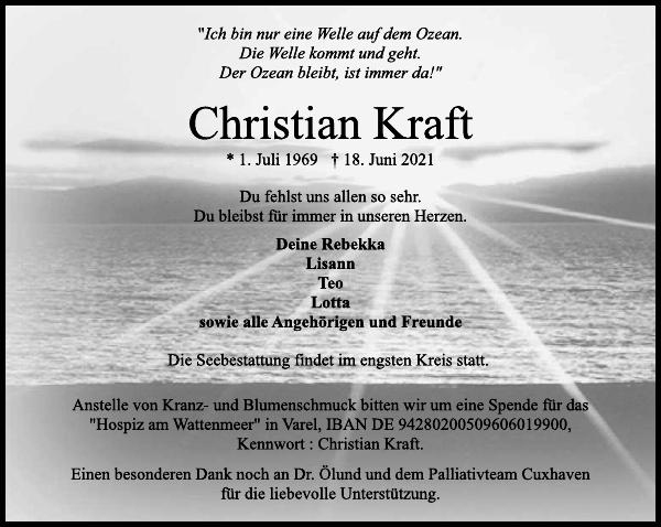 Christian Kraft: Traueranzeige : Cuxhavener Nachrichten