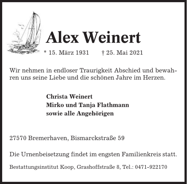 Alex Weinert: Traueranzeige : Cuxhavener Nachrichten